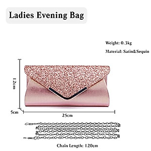 CORIOS Women Envelope Clutch Bag Sequins Evening Bag Shiny Handbag with Detachable Chain Bridal Wedding Purse Sparkly Shoulder Bag Elegant Crossbody Bag for Wedding Cocktail Prom Party Pink A