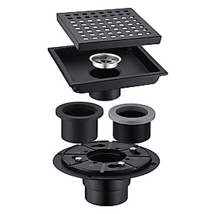 BIHAI 6 Inch Square Shower Drain with Flange, 15cm Matt Black Bathroom Floor Drain, Quadrato Pattern Grate Removable Cover, Bath Drain, Wall Drain, Stainless Steel Drain (Mat Black)