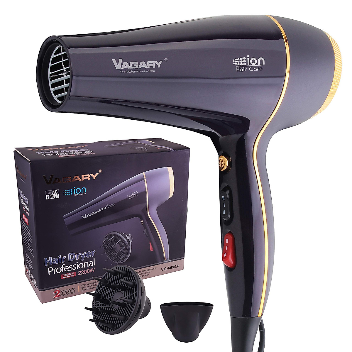 VAGARY 6690A Salon Pro Hair Dryer for Women,2200w Powerful AC Motor Fast Drying, Ionic Blow Dryer for Thick Hair,2 Speeds and 2 Heat Settings 1 Cool Shot Button(1 Diffuser and 1Concentrator)
