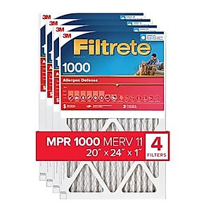 Filtrete 20x24x1 AC Furnace Air Filter, MERV 11, MPR 1000, Micro Allergen Defense, 3-Month Pleated 1-Inch Electrostatic Air Cleaning Filter, 4 Pack (Actual Size 19.81x23.81x0.81 in)