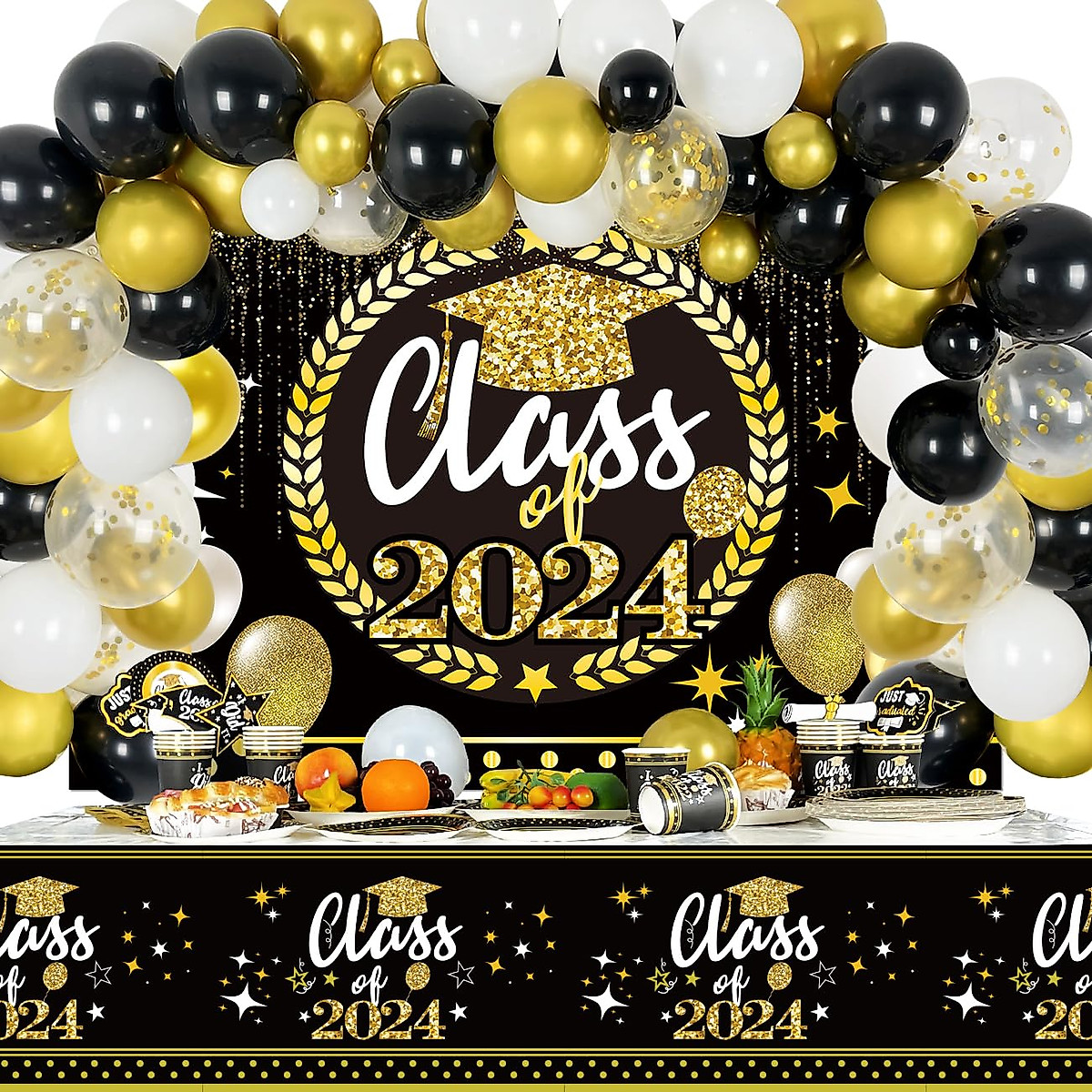 Black and Gold Graduation Party Decorations 2023,67pcs Class of 2023 Party Decor Kit with Balloon Garland Backdrop Banner and Tablecloth for High School, College, Medical Student Graduation Party Supplies