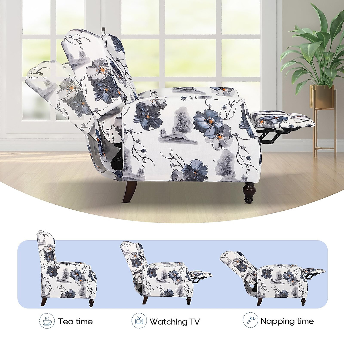 B BAIJIAWEI Wingback Recliner Chair - Tufted Arm Chair Recliner - Fabric Push Back Recliner Chair for Living Room Adjustable Backrest (Single, Blue Floral)