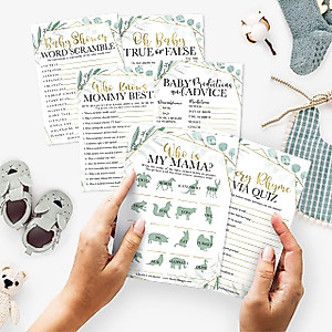 25 Greenery Animal Matching, 25 Nursery Rhyme Game, 25 Word Scramble For Baby Shower, 25 True Or False Game, 25 Who Knows Mommy Best, 25 Baby Prediction And Advice Cards - 6 Double Sided Cards