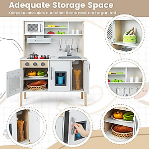 HONEY JOY Kids Kitchen Playset, Wooden Play Kitchen for Toddlers, Microwave, Range Hood, Ice Maker, 18 Cooking Accessories, Little Chef Pretend Play Toy Kitchen Set, Gift for Boys Girls, Natural