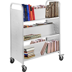 VEVOR Book Cart, Library Cart 6-Shelf, Rolling Library Book Cart Double Sided W-Shaped Sloped Shelves with 4-Inch Lockable Wheels, for Home Shelves Office and School Book Truck in White