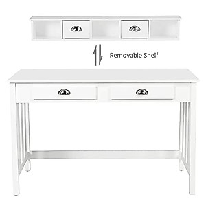 Yaheetech Writing Computer Desk Secretary Desk with Removable Floating Organizer, Workstation Laptop Table Home Office Notebook Desk Organizer with 2 Tier Hutch 4 Drawers, Solid Pine Wood Legs, White