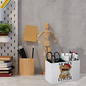 Niapessel Pencil Holder for Desk, Money Lover Slogan with Bear Pen Holder Storage Desktop Pen Organizer Desk Pencil Organizer Makeup Brush Holder for Office School College Leather