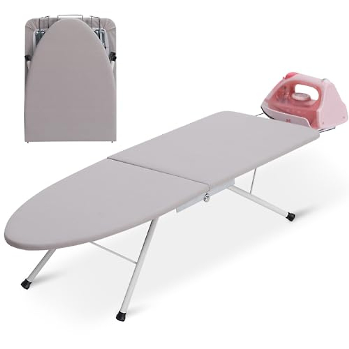 ALIMORDEN Small Tabletop Ironing Board with Iron Holder Compact Folding Ironing Board with Legs and Cover Pad Space Saver for Convenient Storage Traveling RVs and Campers Grey