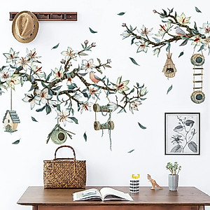 Birds on Magnolia Tree Branches Wall Stickers, ULENDIS DIY Removable White Blossom Flower Wall Decals, Birdcage Murals Wall Decor for Home Bedroom Living Room Corridor Stair