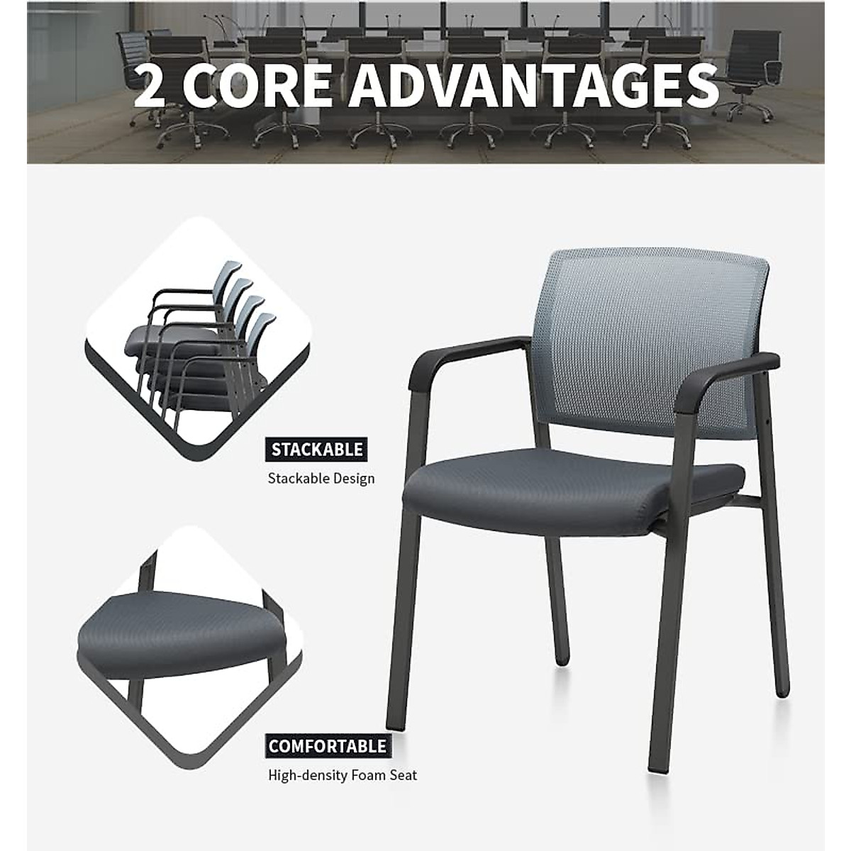 CLATINA Guest Reception Stacking Office Chairs with Arm, Mesh Back Waiting Room Chair with Upholstered Fabric Seat and Ergonomic Lumbar Support for Office Conference School Church, Grey