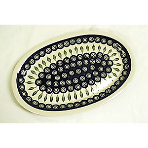Blue Rose Polish Pottery Peacock Large Oval Platter