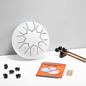 YeahLoop Steel Tongue Drum,6 Inch 8 Notes Tambourine,Percussion Set with Bag,Music book,Mallets,Mallet Holder and Finger Plectrums for Meditation Entertainment (White)