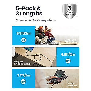 INIU USB C Cable, [5 Pack 3.1A] QC Fast Charging USB Type C Cable, Nylon(3.3+3.3+6.6+6.6+10ft) Phone Charger USB A to USB C Cable for Samsung Galaxy S21 S20 S10 Plus Note 10 LG Google Pixel OnePlus