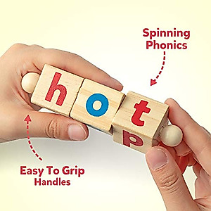 Coogam Wooden Reading Blocks Short Vowel Rods Spelling Games, Flash Cards Turning Rotating Letter Puzzle for Kids, Sight Words Montessori Spinning Alphabet Learning Toy for Preschool Boys Girls