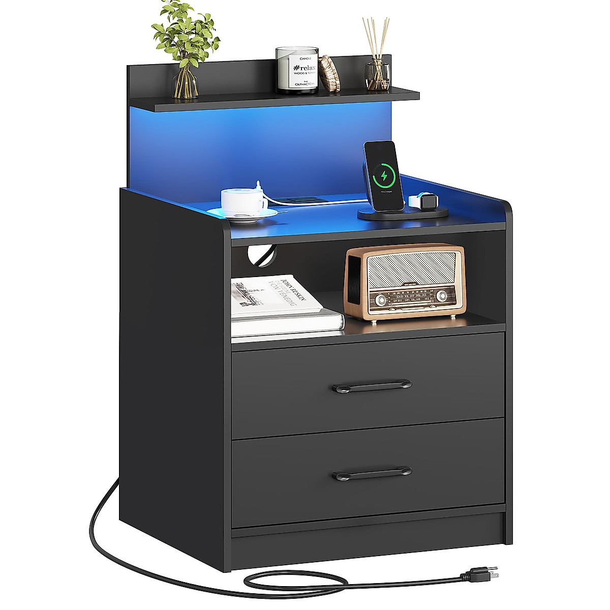 Night Stand, Nightstand with Charging Station, LED Bedside Table with Drawers and Storage Shelf, Modern Wood End Table Side Table for Bedroom, Black