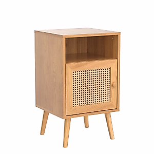 Xilingol Modern Rattan Nightstand, Boho Side Table with Handmade Rattan Decorated Door, Wood Bedside Table with Open Storage Shelf for Bedroom,Natural (no Charging Station, 1)