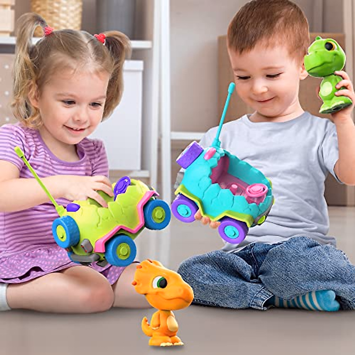 MindSprout Dino Chasers Set of 2 Remote Control Car for Toddler, Kids Toys Age 2 3 4 5, Boys & Girls Birthday Gift, Dinosaur Toy 2-4, LED Lights & Music
