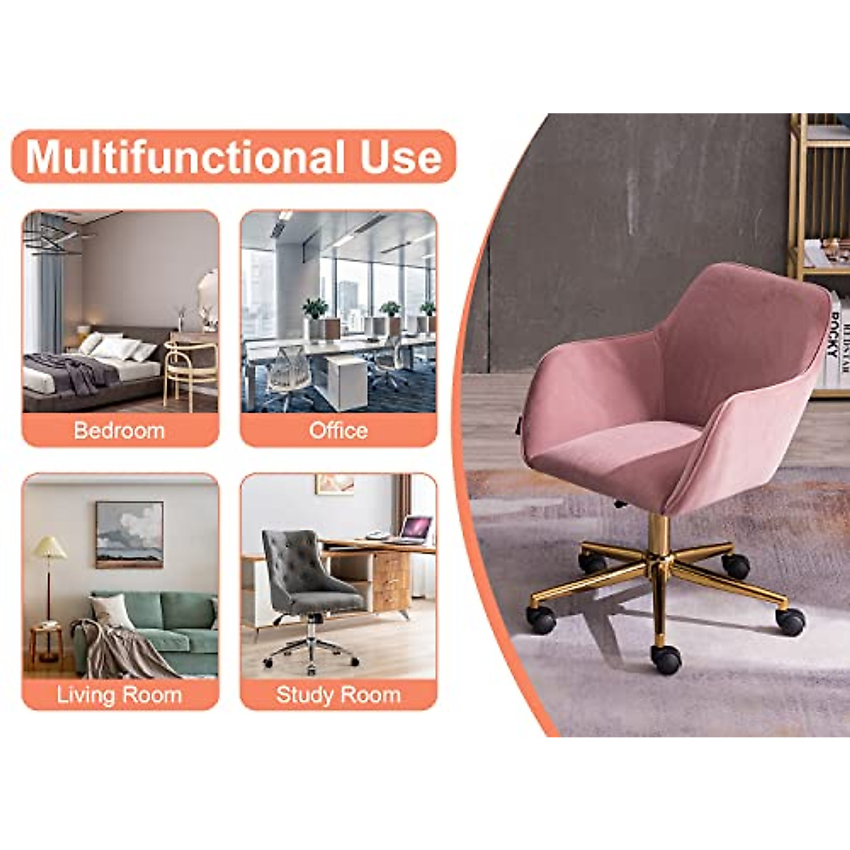 Velvet Desk Chair Height Adjustable - Modern Office Chair Vanity Chair for Makeup Room, Soft Upholstered Office Chair Accent Chairs with Wheels, Pink Velvet Chair Swivel Chairs for Living Room Bedroom