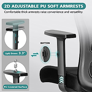 Primy Office Chair Ergonomic Computer Desk Chair, High Back Breathable Mesh Chair with Adjustable Lumbar Support 2D Armrests, Executive Rolling Swivel Comfy Task Chair with Wheels for Home Work Gaming