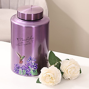 Urns for Human Ashes Adult Female Up to 220 lbs,Purple Hummingbird Urns for Mom Ashes with Velvet Bag,Decorative Urns for Ashes Adult Women,Cremation urn Female (Hummingbird-Purple Flower, Purple)