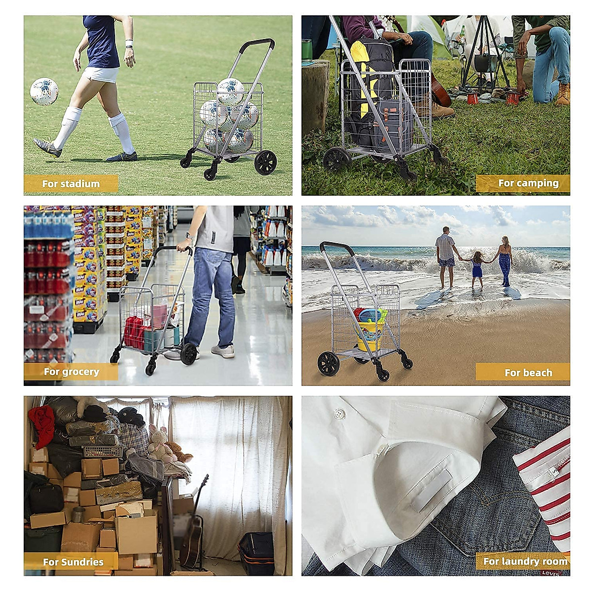 OmniRolls Grocery Shopping Cart with Swivel Wheels, Folding Shopping Cart with Wide Cushion Handle, Mesh Bottom and Brake System, Silve,