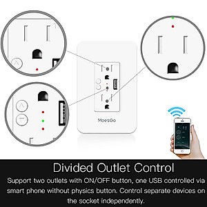 MoesGo Smart Power Wall Outlet with USB, WiFi Socket with 2 Plug outlets 15 Amp Divided Control, Smart Life/Tuya APP Remote Controller, ETL Certified, Work with Alexa and Google Home, No Hub Required