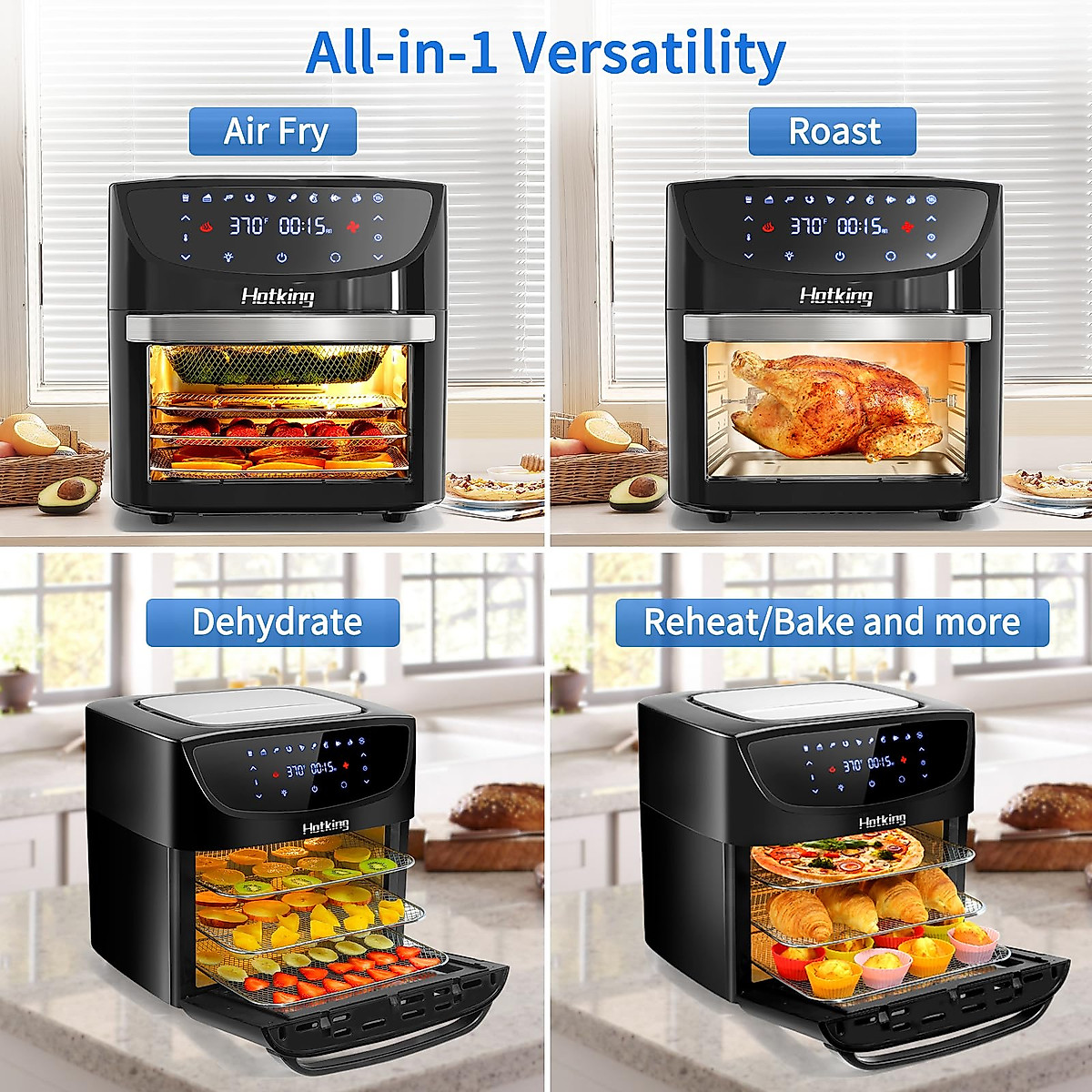 HotKing Air Fryer Oven 20 Quart Large, 10-in-1 Airfryer Rotisserie Dehydrator Toaster Oven Combo with Racks, XL Digital Countertop Air Fryer for Family, 9 Accessories with Cookbook, ETL Certified