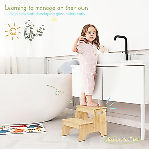 Forbena Wooden 2 Step Stool for Toddlers, Heavy Duty Kids Step Stool for Bathroom Sink Kitchen Counter, Bamboo Wood Non-Slip Kid Children Potty Stepping Stool Seat with Handles for Toilet Bed