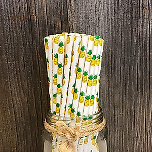 Pineapple Theme Paper Straws - Yellow Green White - Hawaiian Luau - 7.75 Inches - 100 Pack - Outside the Box Papers Brand