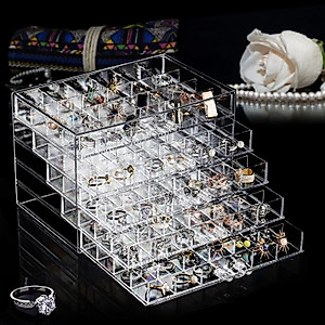 yarlung Acrylic Jewelry Storage Box Earring Holder with 5 Drawers, 120 Grids Jewelry Organizer Tray Clear Ring Display Case for Beads, Nail Tips, Women Girls, Birthday Gift