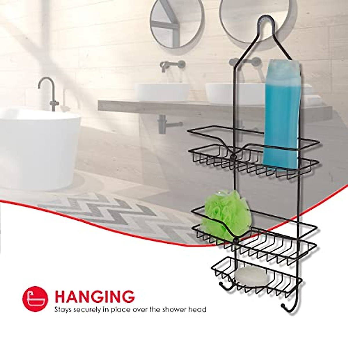 Home Basics Classic 2 Shelf Shower Caddy with Bottom Hooks and Center Soap Dish Tray, Bronze