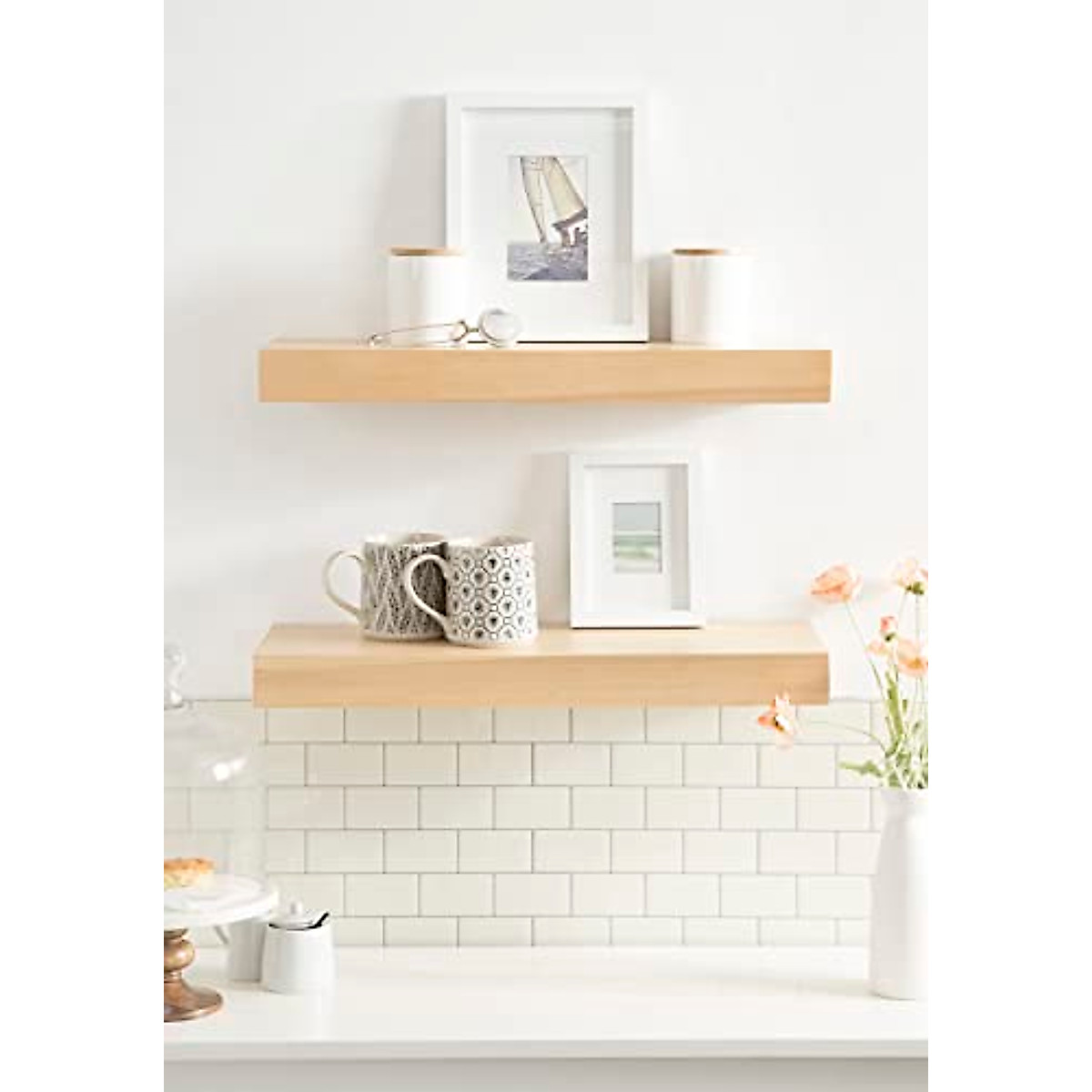 Kate and Laurel Havlock Modern Floating, Mid-Century Bathroom and Kitchen Shelves for Storage and Display, Set of, 2 Piece 24 x 8, Natural Wood