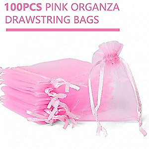 LotFancy 100Pcs Sheer Pink Organza Bags, 2.8x3.6” Small Mesh Jewelry Bags, Drawstring Gift Bags for Party Wedding Favor