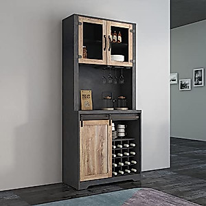 Holaki Wine Bar Cabinet,Kitchen Hutch Storage Cabinet with Sliding Barn Door and Shelves,Farmhouse Sideboard and Buffet Cabinet with Wine Rack,Coffee Bar Cabinet for Living,Dining Room,Kitchen(Black)
