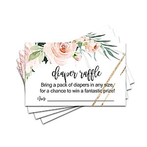 Graceful Floral Diaper Raffle Tickets, Rustic Baby Shower Games for Prizes, Girls Baby Shower Diaper Raffle Invitation Insert Cards Pink and Gold, 50 Pack