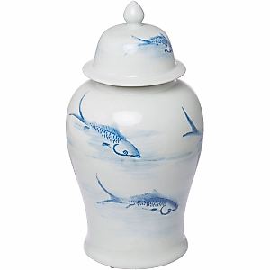 A&B Home Blue & White Porcelain Koi Ginger Jar with Lid,D9.5x19 inch