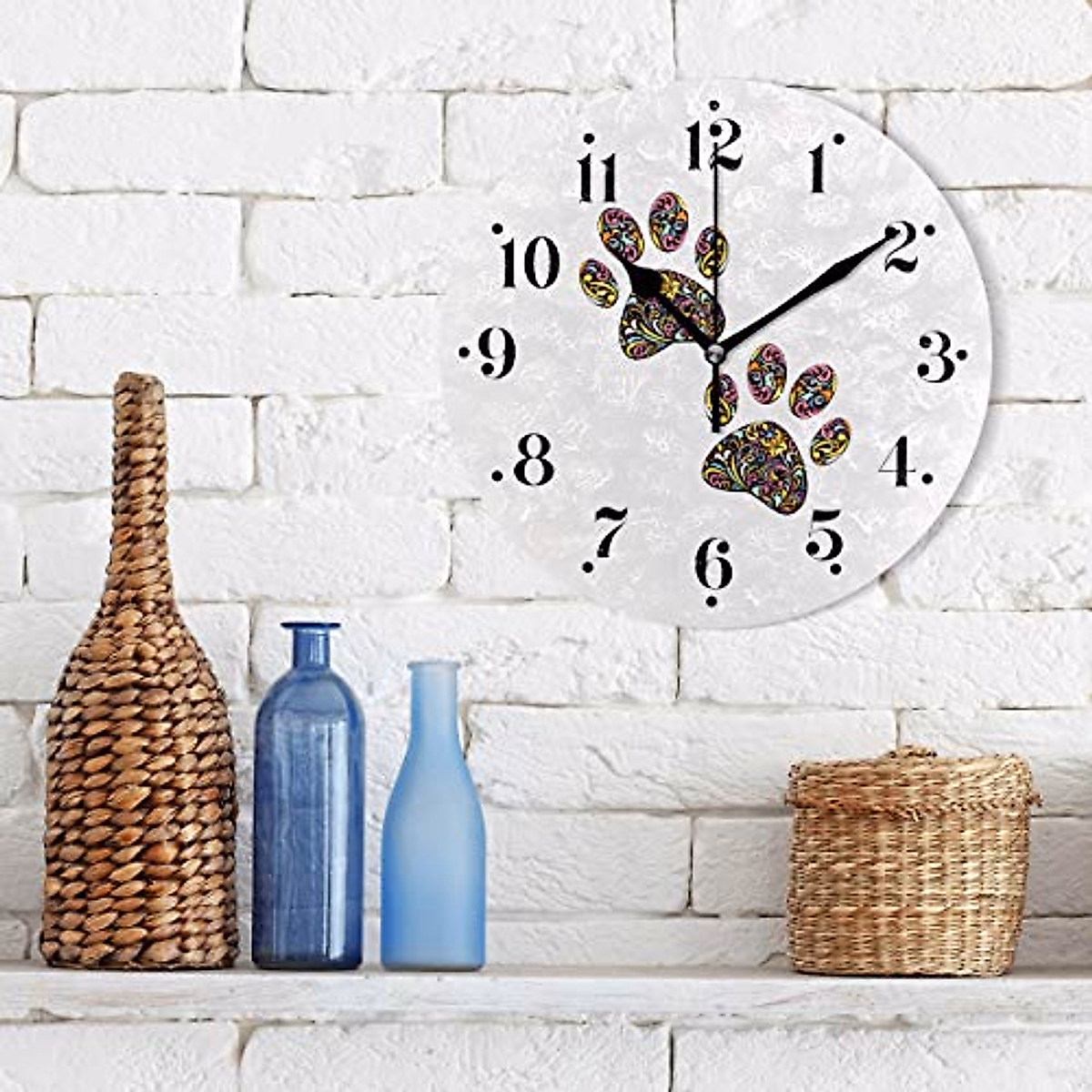 VIKKO Floral Animal Dog Paw Wall Clock 9.8 inch Round Battery Operated Decorative Clock for Kitchen School Office