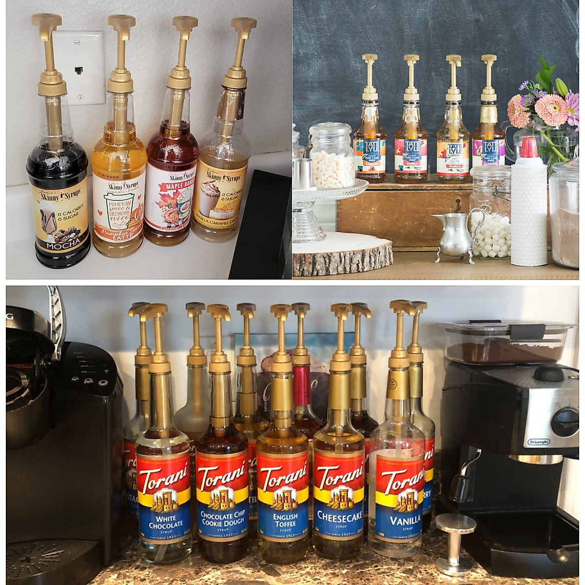 COODUM 3 Packs Coffee Syrup Pump Fits 750Ml Torani, DaVinci, Jordans Skinny Syrup Bottles, Torani Pump Dispenser for Coffee Syrup Snow Cones, No Dripping, Ideal for Home and Coffee Bar - Gold