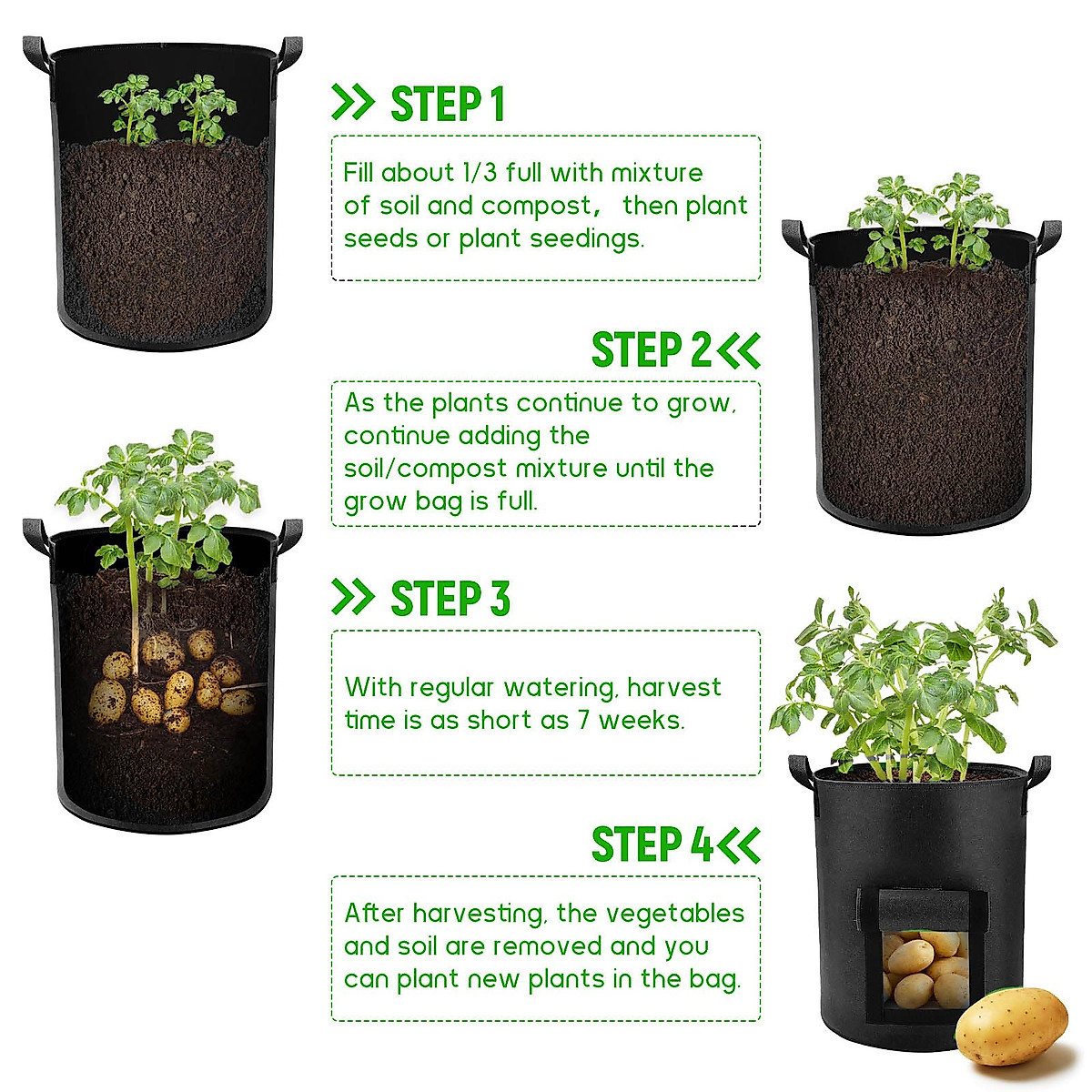 Lyincat 4 Pack 10 Gallon Potato Grow Bags with Flap and Handles, Heavy Duty Fabric Pots for Planting Potato,Carrots