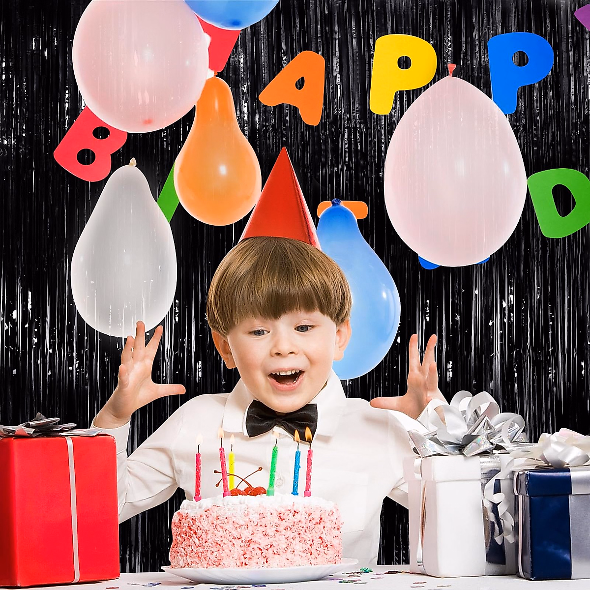 Black Metallic Tinsel Foil Fringe Curtains, 4 Pack 3.3x8.3 Feet Streamer Backdrop Curtains for Birthday Party Decorations, Halloween Decor, Foil Curtain Backdrop for Bachelorette Party