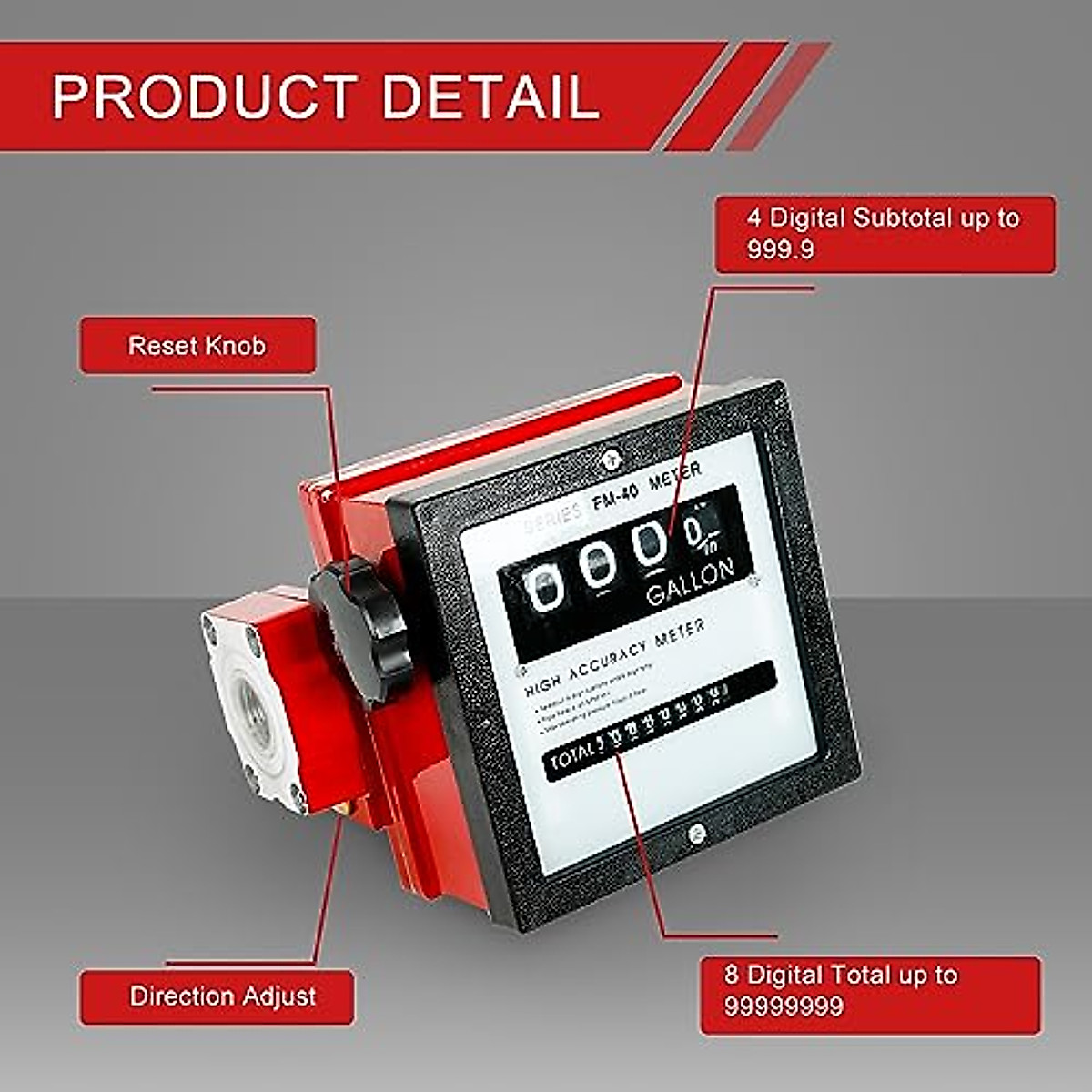 EASYBERG 1 1/2" (1.5 inch) Aluminum Mechanical Fuel Flow Meter, FM-40 Series 4-52 GPM 4 Digital, Used for Fuel Transfer Application