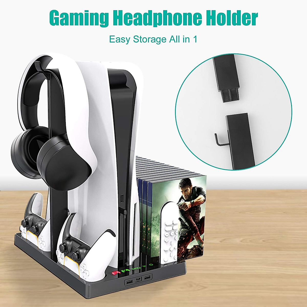 Linkstyle PS5 Vertical Stand with Cooling fan Dual PS5 Controller Charging Station Dock Led Indicator, 15 Game Storage, and Headset Holder for PS5 Console PS5 Digital Edition Console accessories