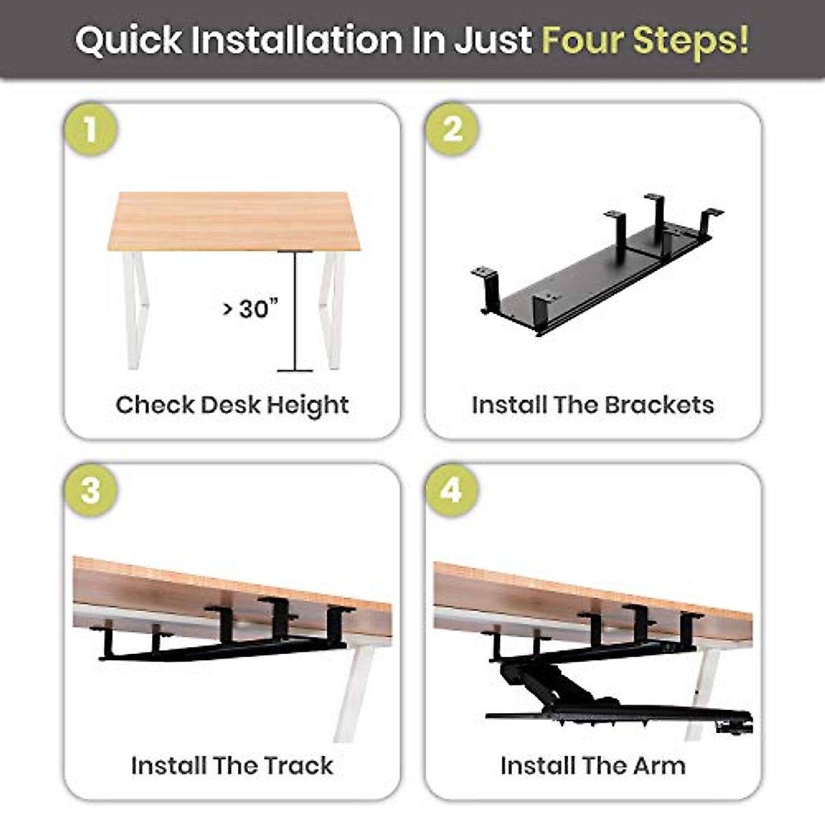 FERSGO Under Desk Keyboard Tray Track Elevation Kit for 30" x 24" Desk - Easily Install Undermount Tray for Maximum Comfort and Better Posture Even with Desk Underside Bars