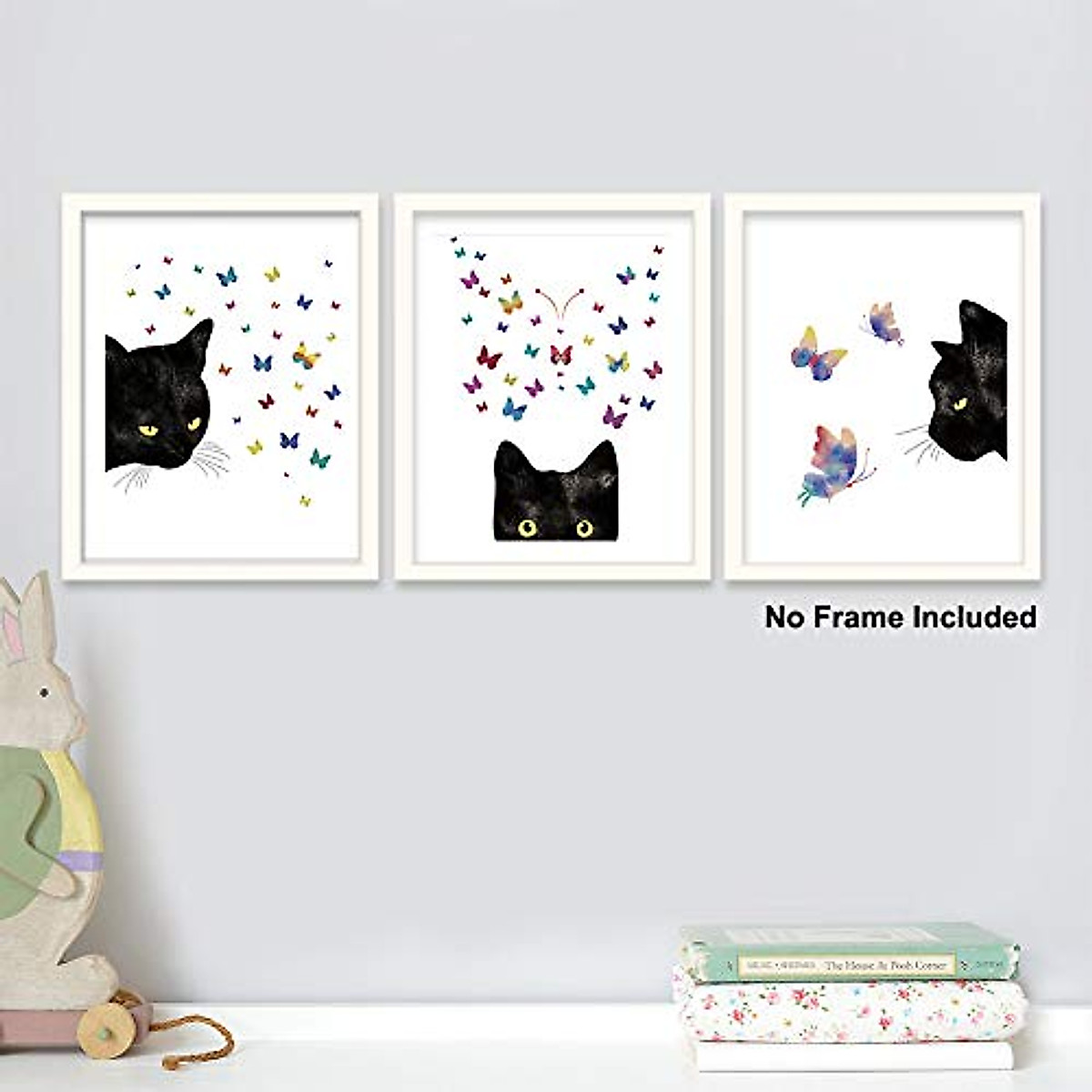 KAIRNE Black Cat With colorful Butterfly Art Print,Set Of 3(8”X10”) Watercolor Animals Canvas kitten Poster Rainbow Cat Painting,Modern Wall Art,Cat Gifts for Women,Girls Bedroom,House decor.