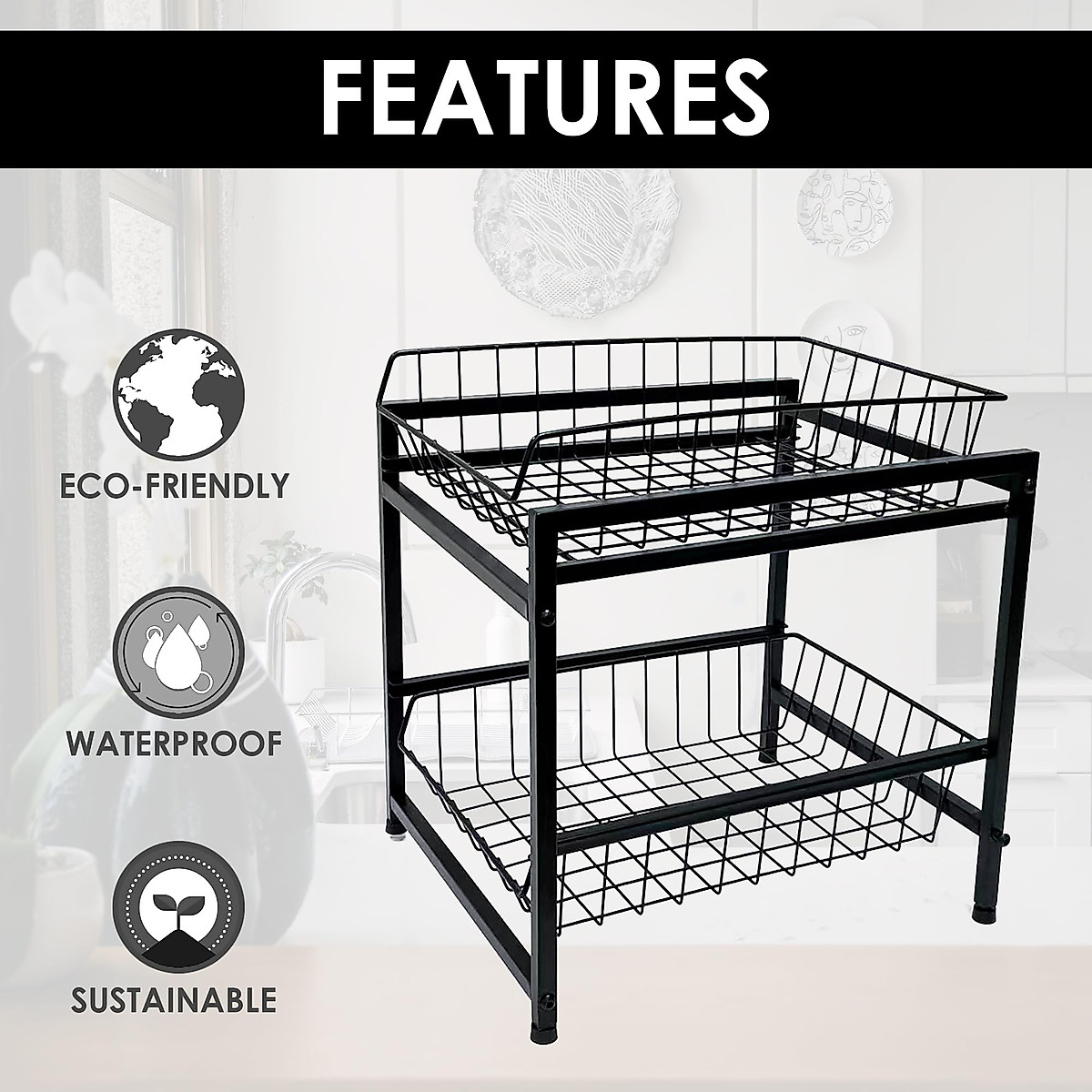 GlobalHome 2 Tier Under Sink Organizer, Sliding Basket Organizer, Kitchen Organizer, Bathroom Pull Out Organizer, Office Organizer 14.2"*12.6"14.6"