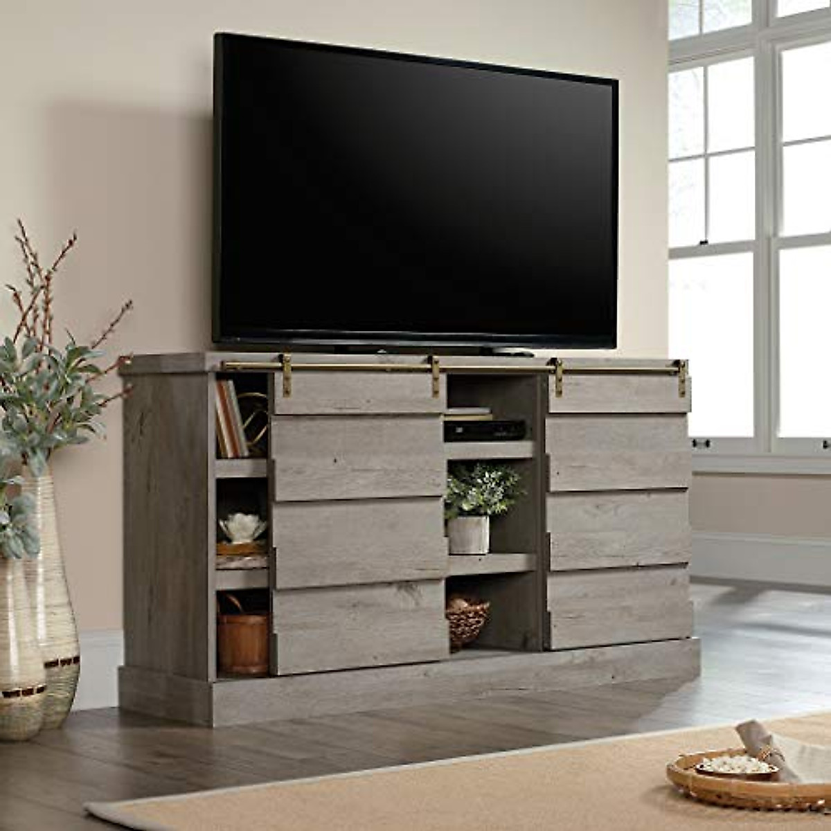 Sauder Cannery Bridge Credenza, L: 17.638" x W: 59.370" x H: 33.425", Mystic Oak finish