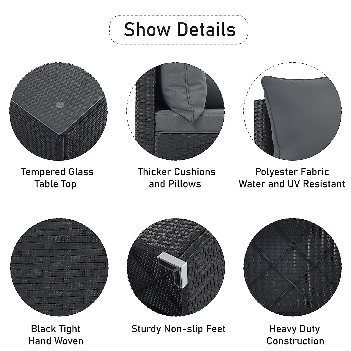 XD Designs 8-Pieces Outdoor Patio Furniture Sets, All Weather PE Wicker Sectional Sofa Set with Tempered Glass Table, Garden Conversation Set with Comfortable Cushion (Gray Cushions)