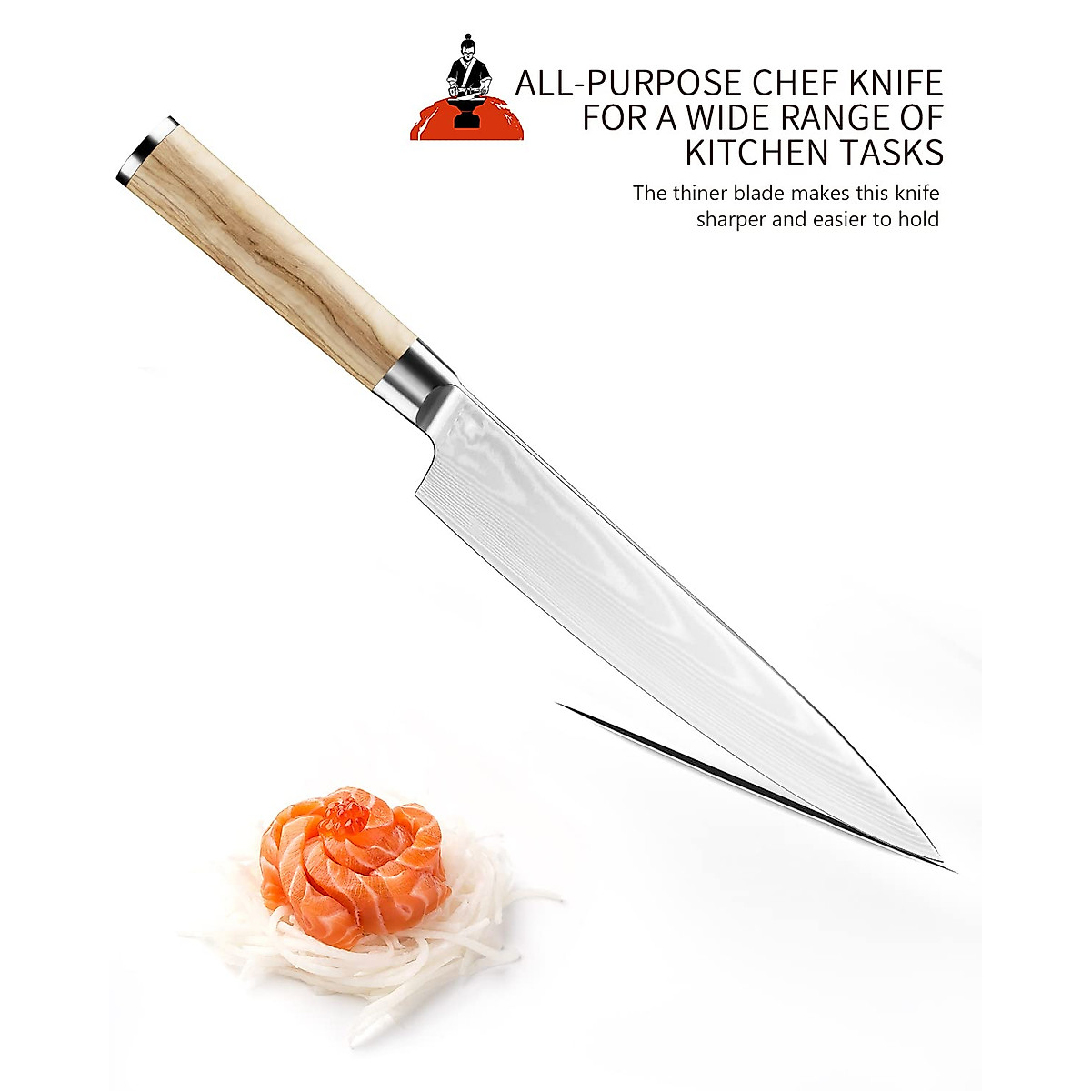 BRODARK Japanese Chef Knife, Damascus Chef Knife VG10 Steel Core 8 Inch with Olive Wood Handle, High Carbon Stainless Steel Kitchen Knife, Superb Edge Retention