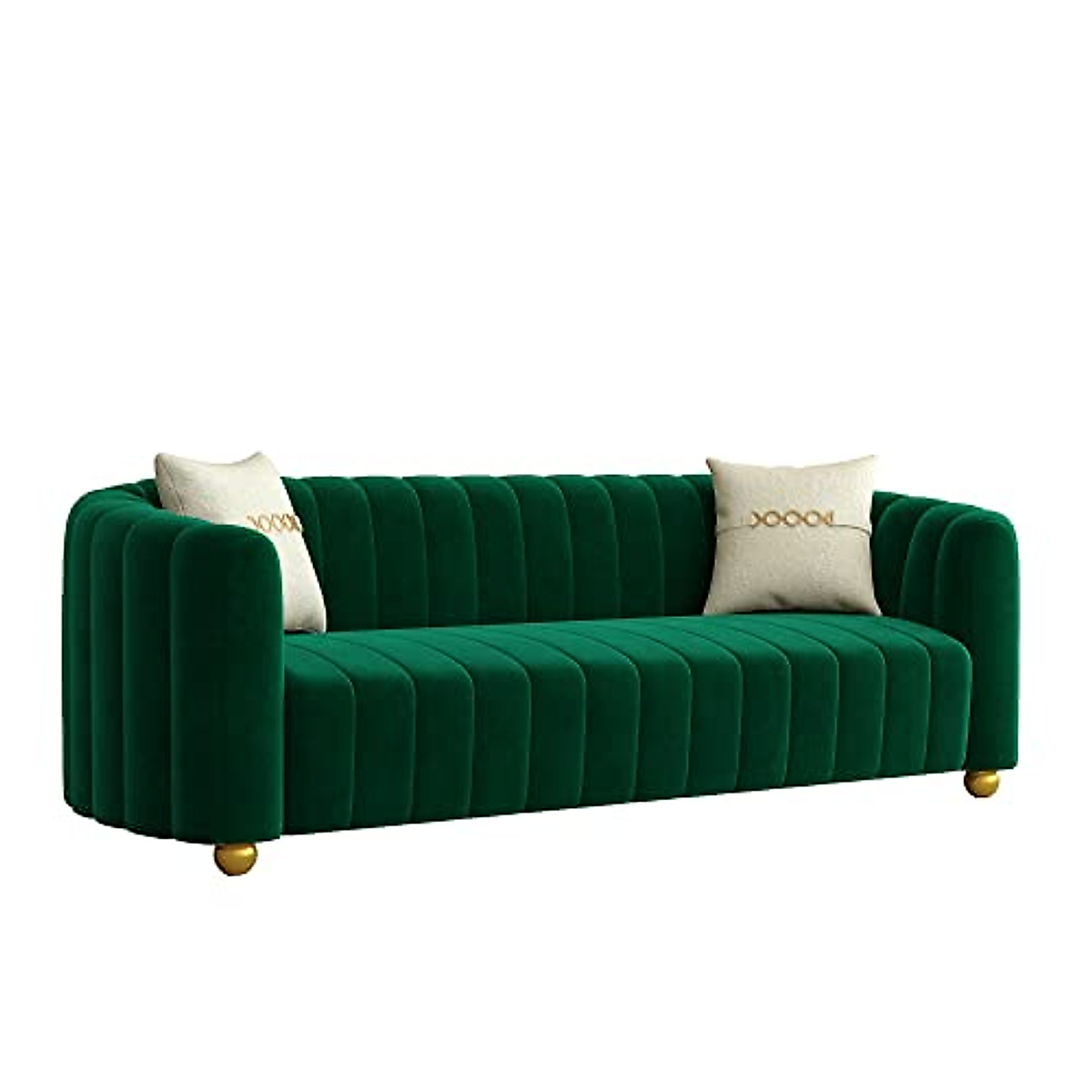 IQIAite 83'' Luxury Velvet Sofa Couch for 3 Person Fashion Couch with 2 Pillows, Metal Legs Solid Wood Frame Chesterfield Sofa Couch for Living Room/Hotel (Green)