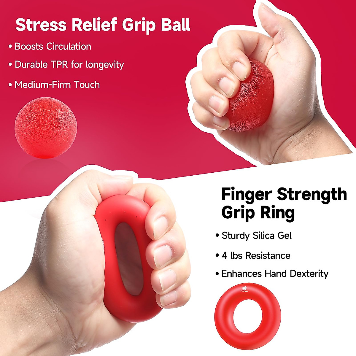 Hand Grip Strengthener Workout Kit (5 Pack) FitBeast Forearm Grip Adjustable Resistance Hand Gripper, Finger Exerciser, Finger Stretcher, Grip Ring & Stress Relief Grip Ball for Athletes (Red)